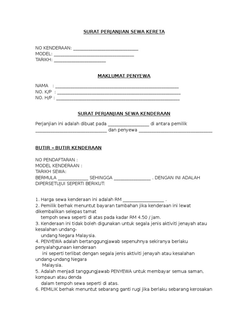 Surat Perjanjian Sewa Kereta Pdf