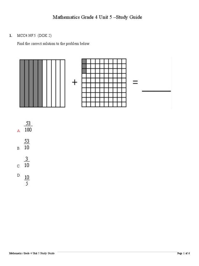 Grade 4 Math Unit 5 Study Guide | PDF | Fraction (Mathematics) | Numbers