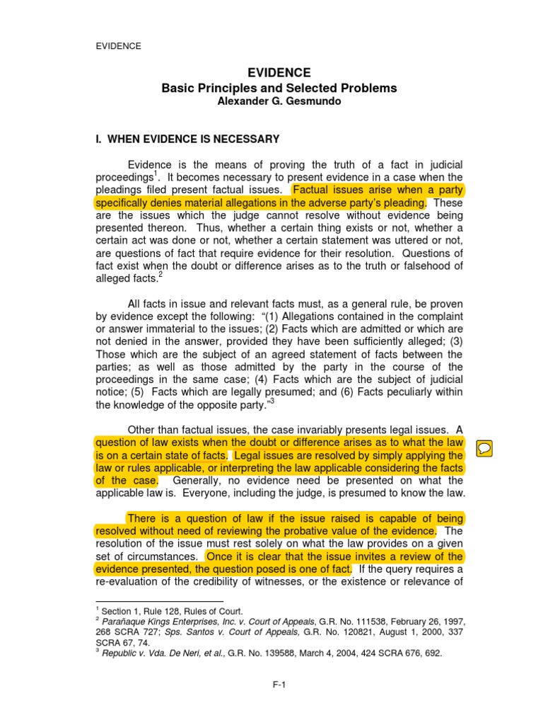 Evidence Basic Principles and Selected Problems: Alexander G. Gesmundo ...