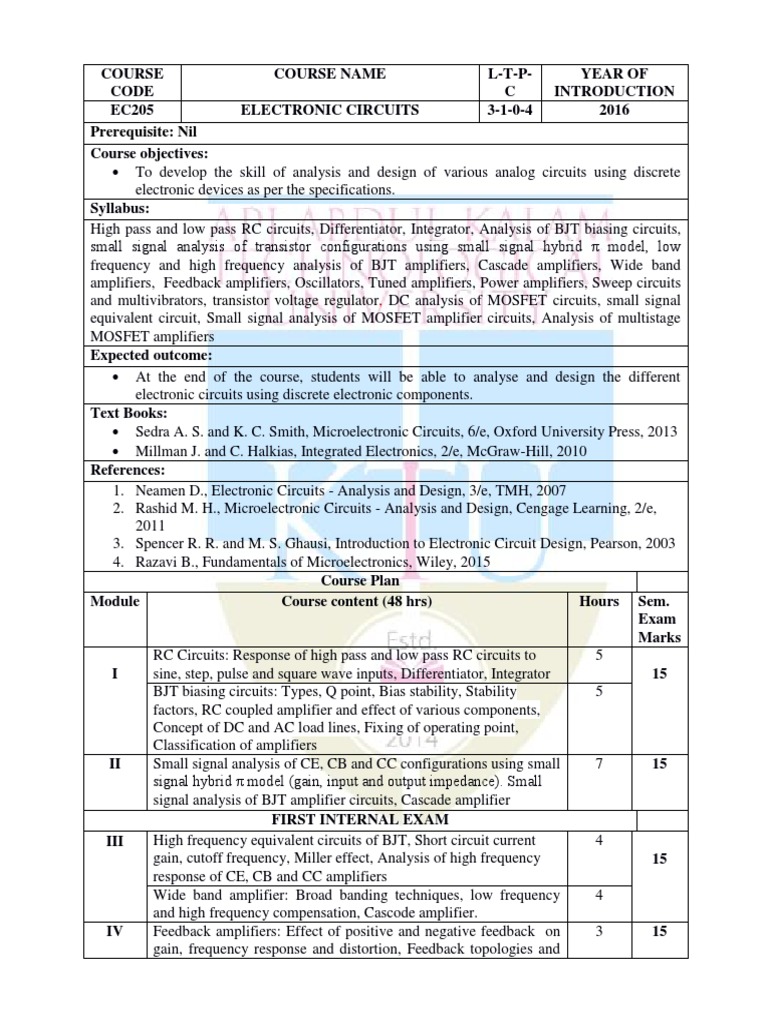 EC205 Electronic Circuits PDF | PDF | Electronic Oscillator | Amplifier