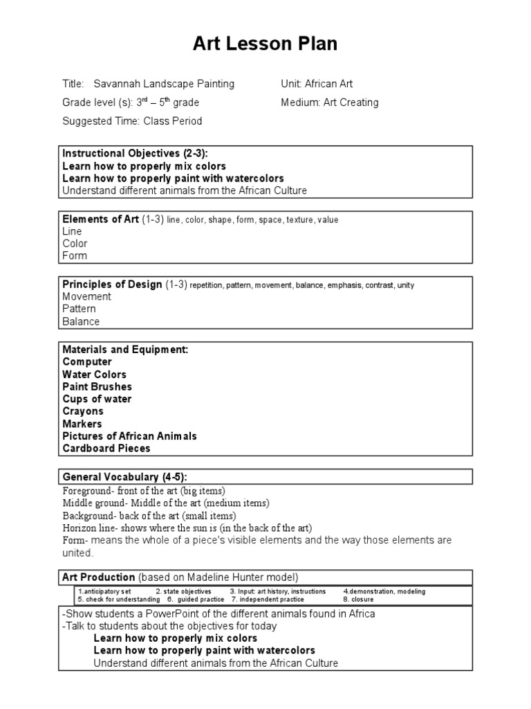 Art Lesson Plan: Line, Color, Shape, Form, Space, Texture, Value | PDF ...