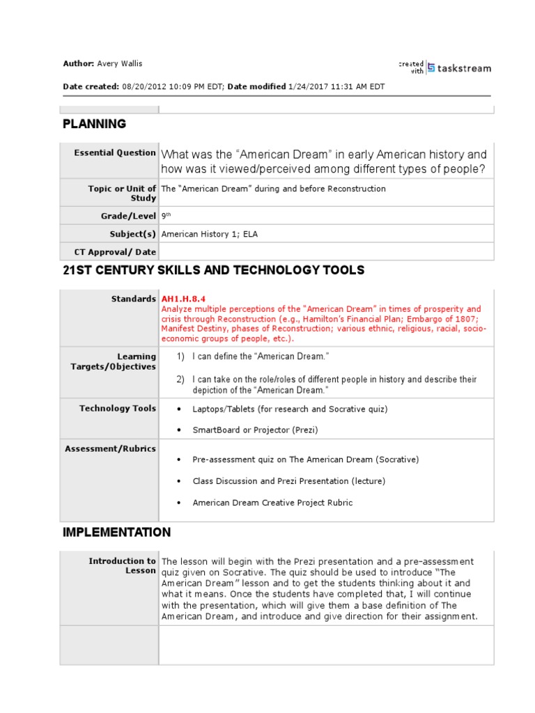 American Dream Lesson Plan for 9th Grade | PDF | Lesson Plan ...