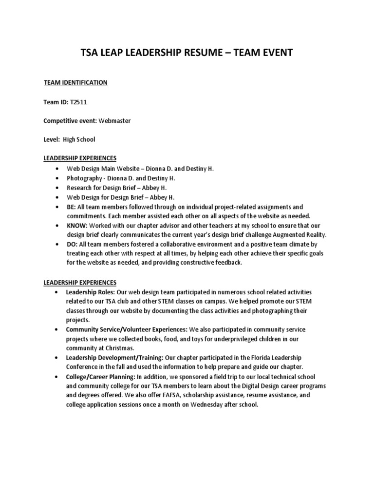 Tsa Leap Leadership Resume - Team Event | PDF