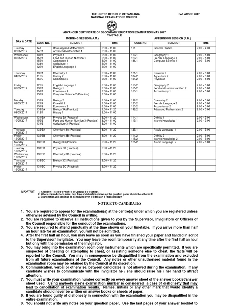 ACSEE 2017 Examination Timetable | PDF