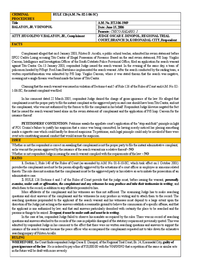 33 - Balayon, Jr. V Dinopol (Rule 126) | PDF | Search And Seizure ...