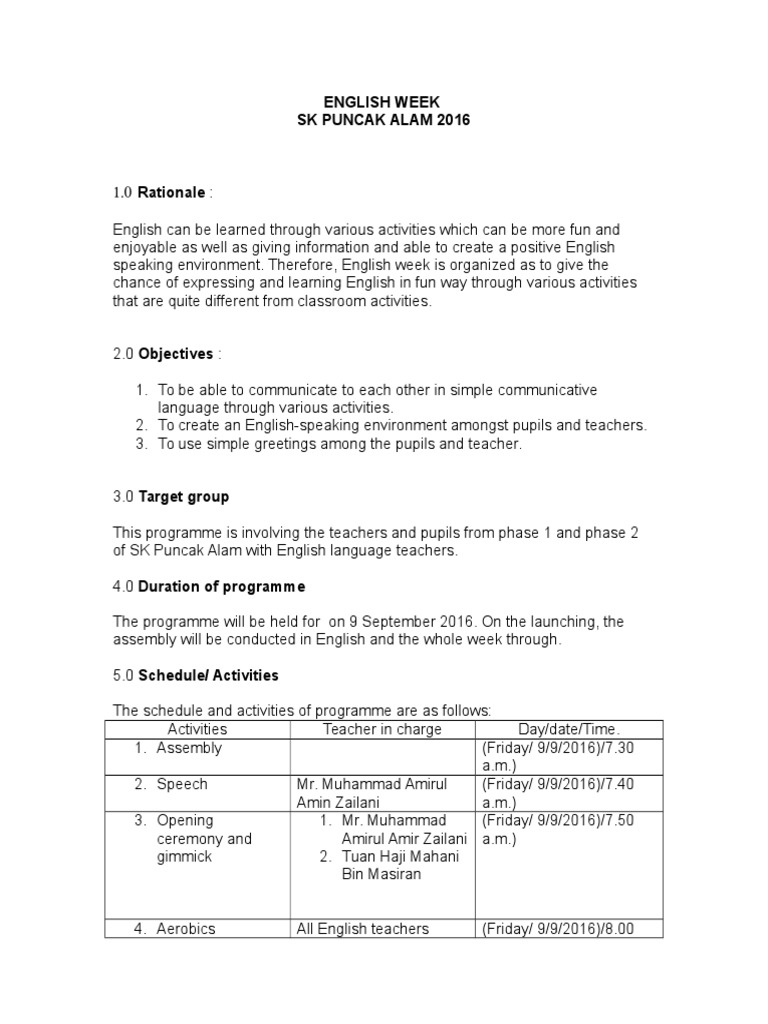 English Week Paperwork | PDF | Teaching And Learning