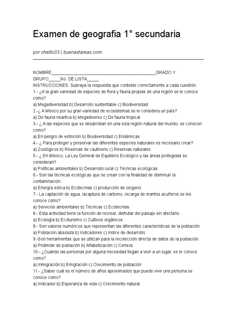 Examen de geografia 1° secundaria