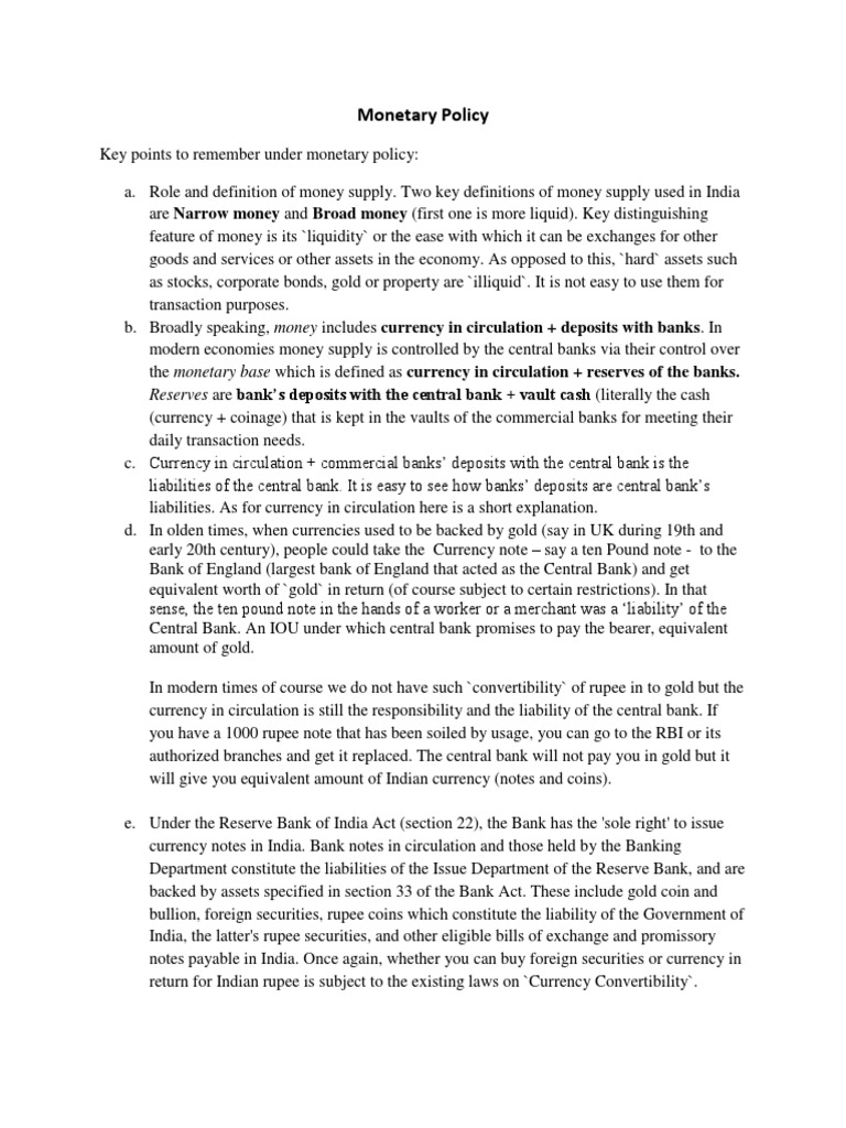 Monetary Policy Key Points | PDF | Quantitative Easing | Inflation