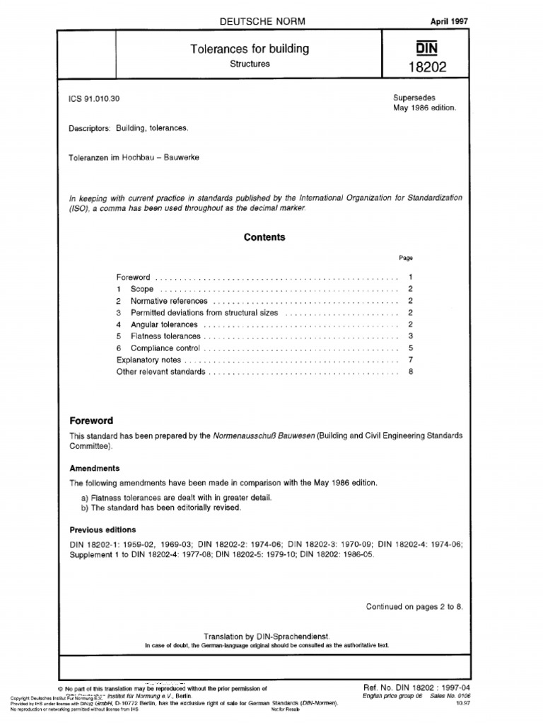 DIN 18202 1997 Tolerances For Building Structures PDF | PDF