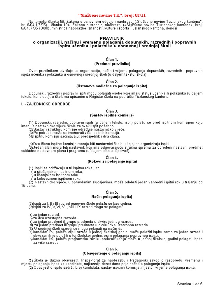 Pravilnik o Organizaciji Dopunskih, Razrdenih I Popraavnih Ispita U ...