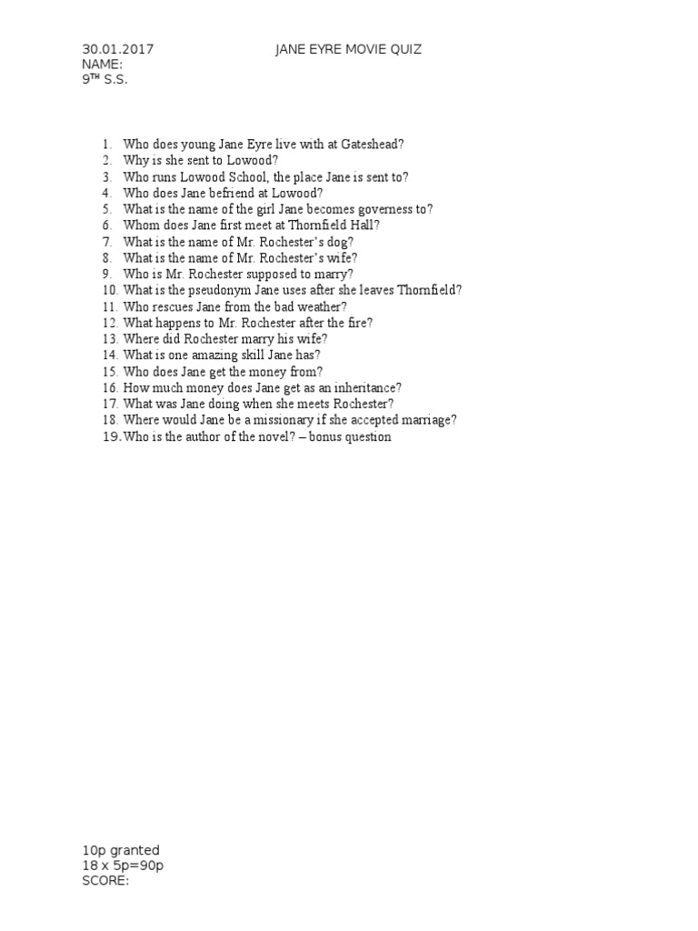 Jane Eyre Quiz | PDF