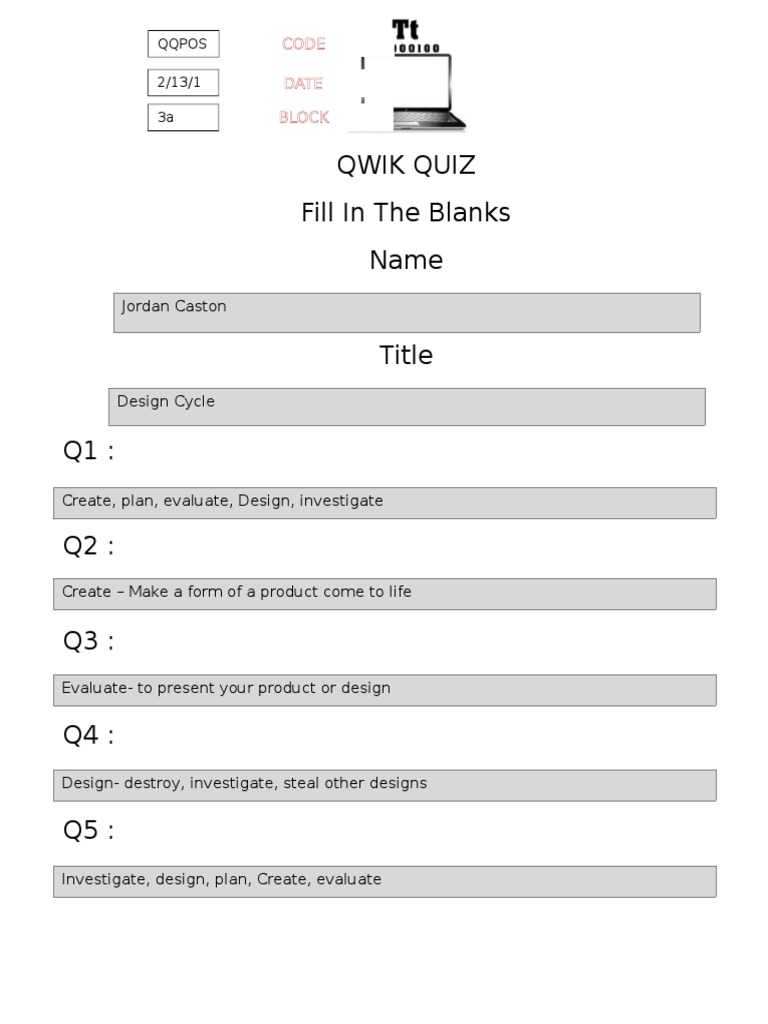 Qwik Quiz Fill in The Blanks 41 Docx JCJCJC | PDF