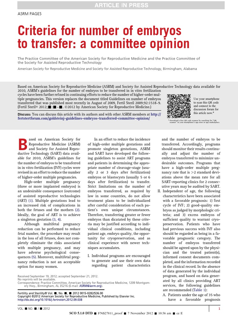 ASRM (2012) Guidelines On Number of Embryos PDF | PDF | In Vitro ...