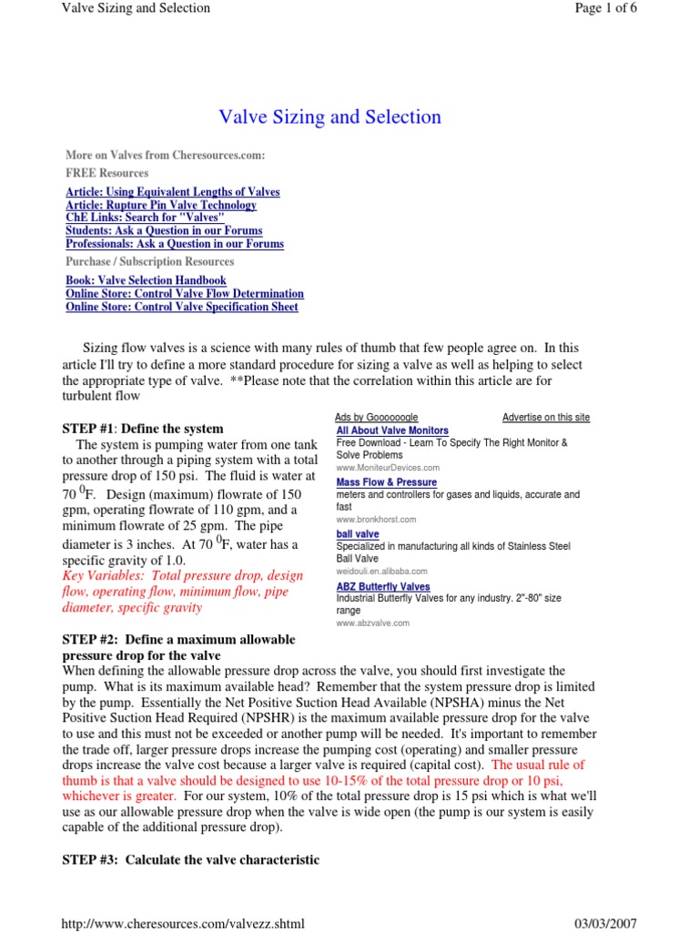 CV Sizing | PDF | Valve | Flow Measurement