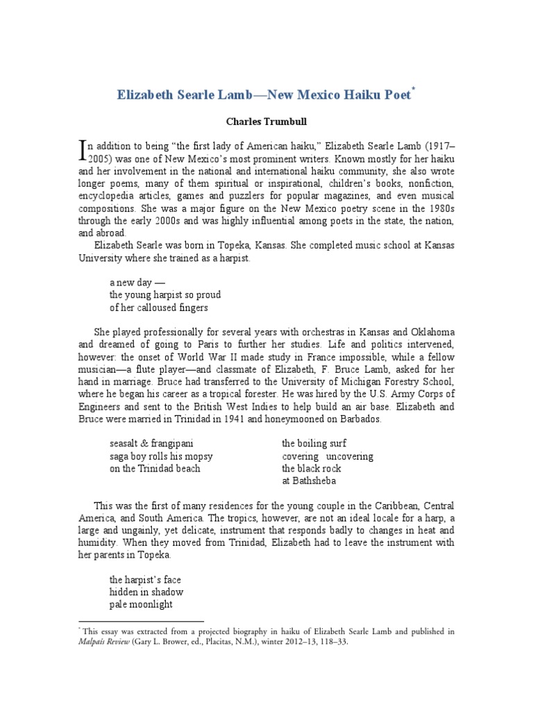 New Mexico Haiku Poet Elizabeth Searle Lamb | PDF | Haiku | Poetry