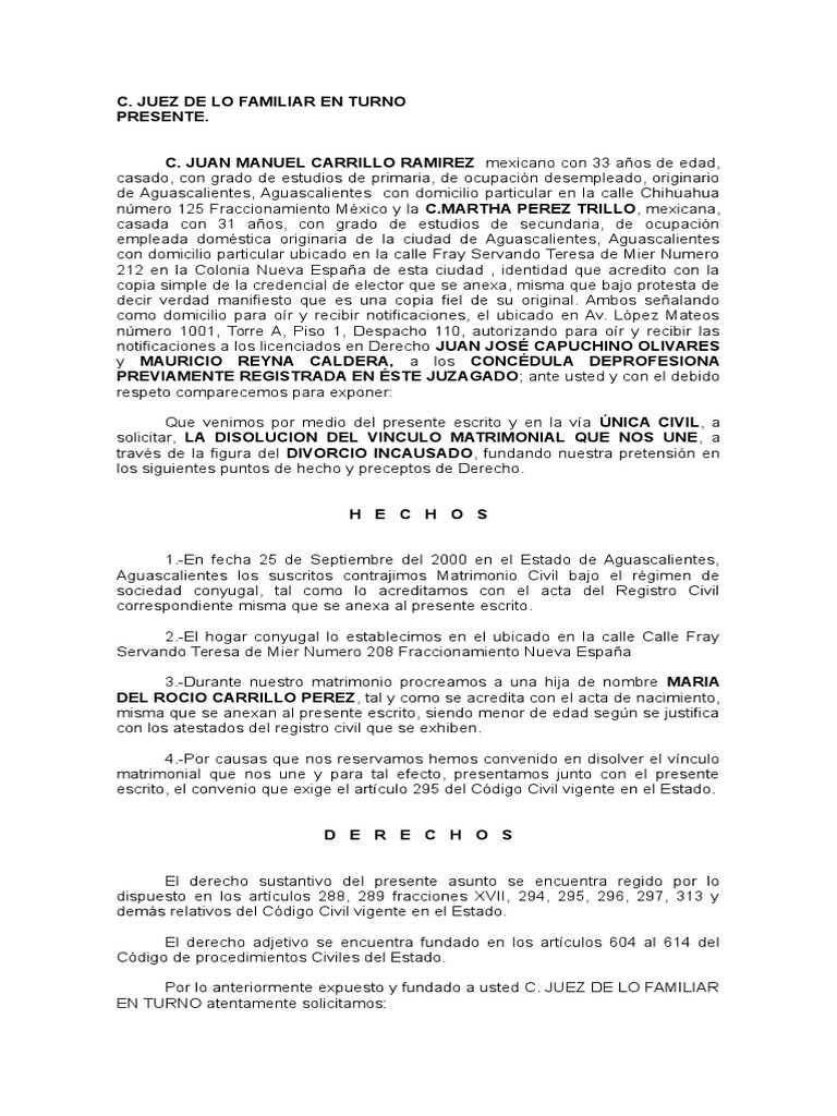 DEMANDA DE DIVORCIO INCAUSADO | Divorcio | Matrimonio