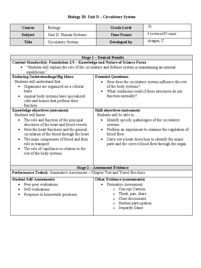 Lesson Plans - Biology 20 Unit D - Circulatory System | PDF ...