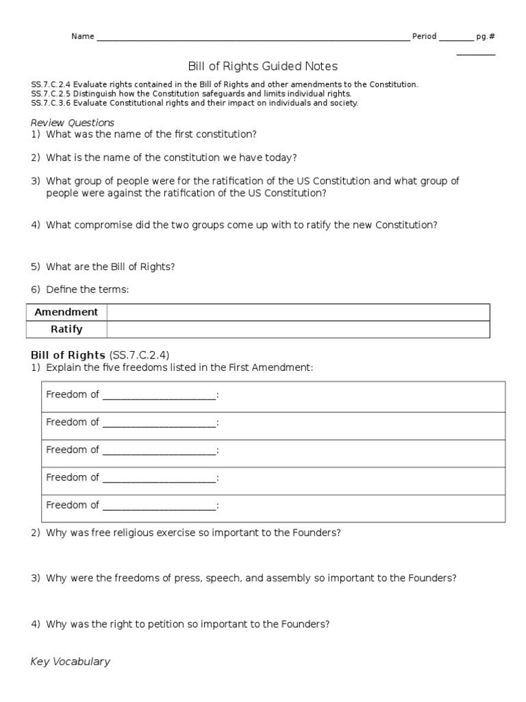 Bill of Rights Guided Notes: Review Questions | PDF | United States ...