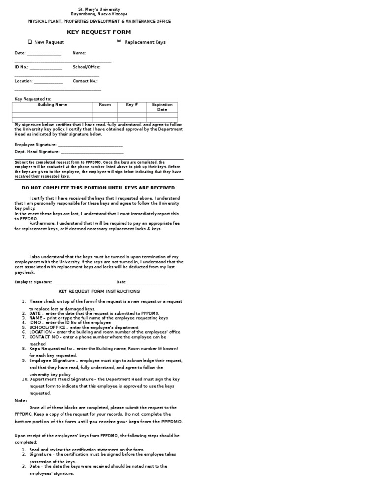 Key Request Form: New Request Replacement Keys | Download Free PDF ...