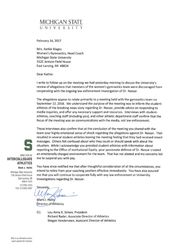 MSU Letter To Kathie Klages | PDF | Michigan State University | Sports