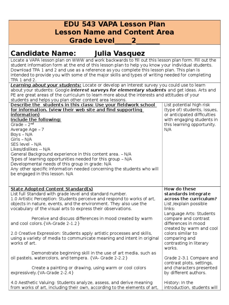EDU 543 VAPA Lesson Plan Lesson Name and Content Area Grade Level - 2 ...