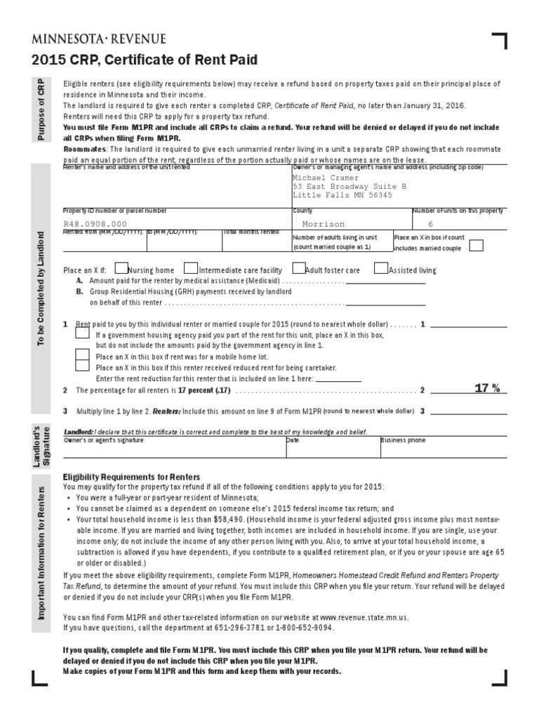 2015 CRP, Certificate of Rent Paid: R48.0908.000 Morrison 6 | PDF | Tax ...