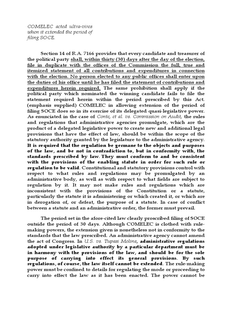 COMELEC Acted Ultra-Vires When It Extended The Period of Filing SOCE ...