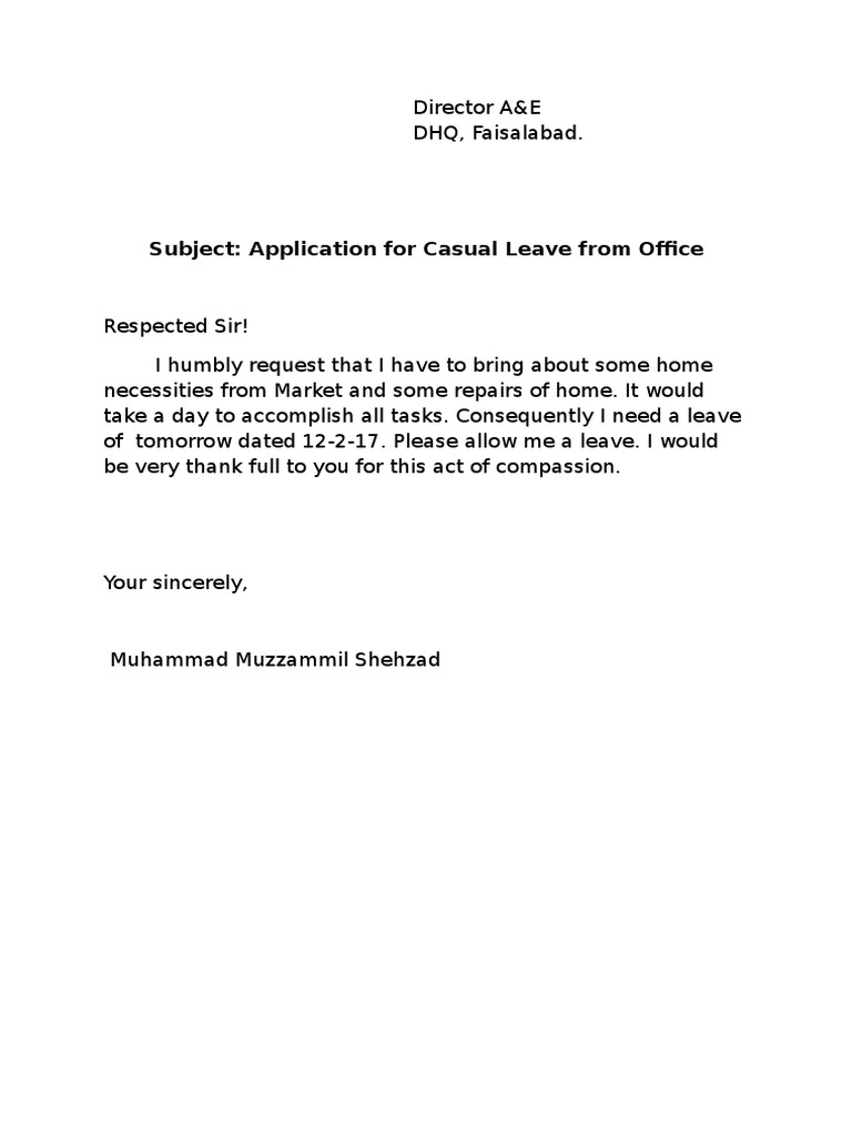 Subject: Application For Casual Leave From Office | PDF