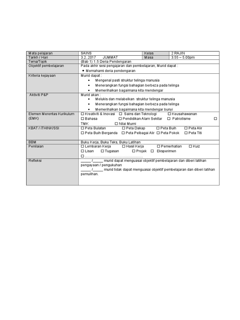 RPH Sains Bab 1 (1.5 Deria Pendengaran) Tingkatan 2 | PDF