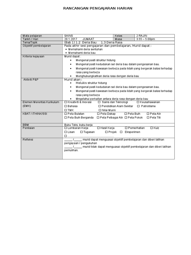 RPH Sains Bab 1 (1.3 Deria Bau) Tingkatan 2 | PDF