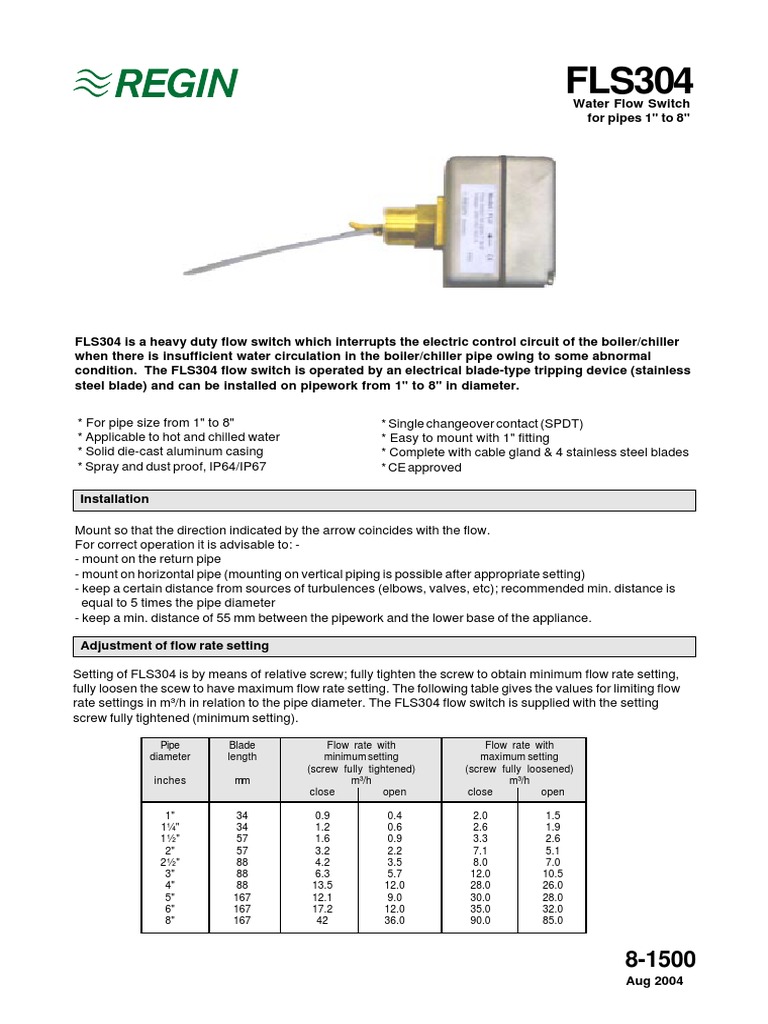 Regin FLS304 Flow Switch | PDF | Pipe (Fluid Conveyance) | Switch