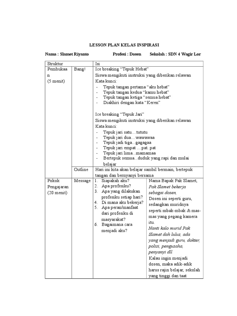 Lesson Plan Kelas Inspirasi | PDF