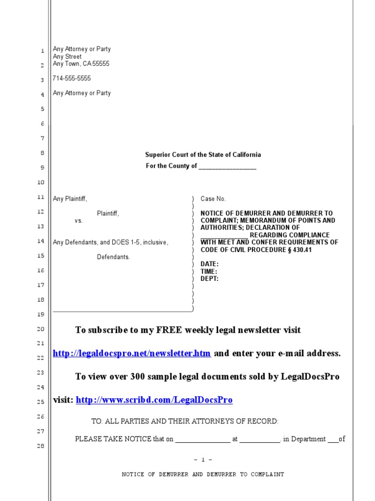 Legal Demurrer Notice Template | PDF | Demurrer | Complaint