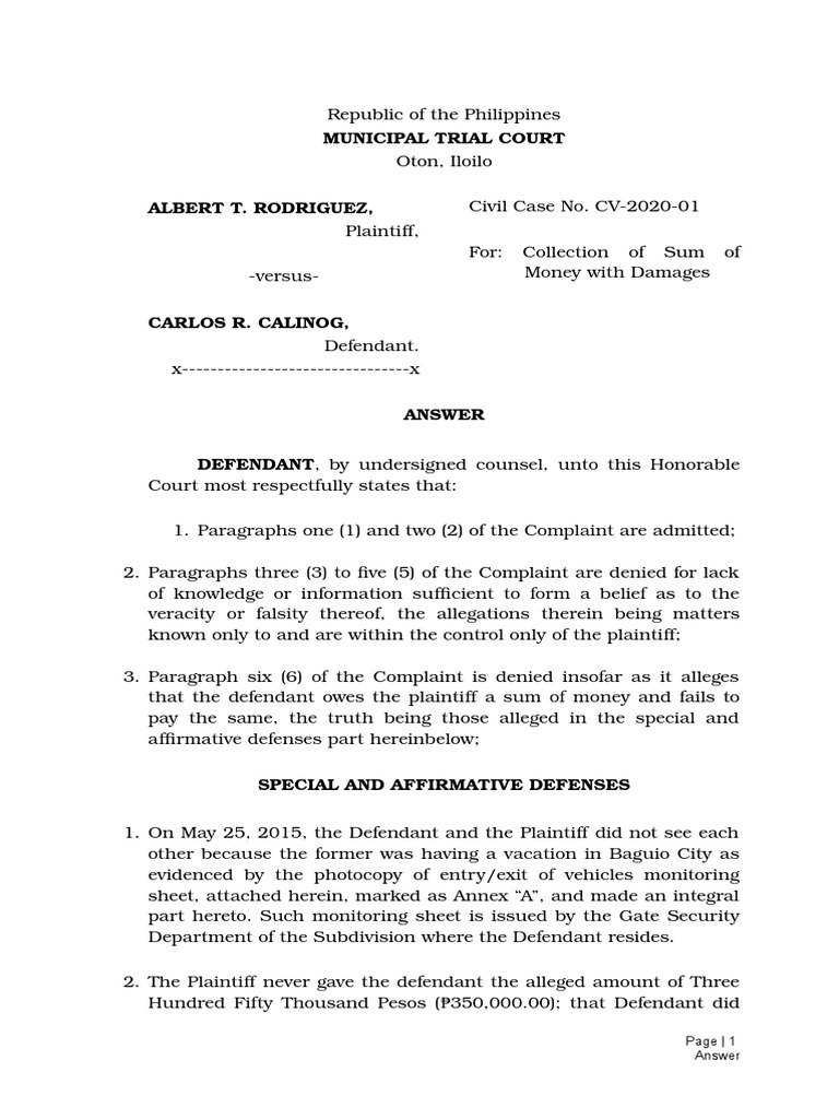 Answer For Collection of Sum of Money With Damages | PDF | Lawsuit ...