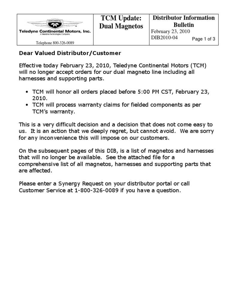TCM Update: Dual Magnetos: Distributor Information Bulletin | PDF ...
