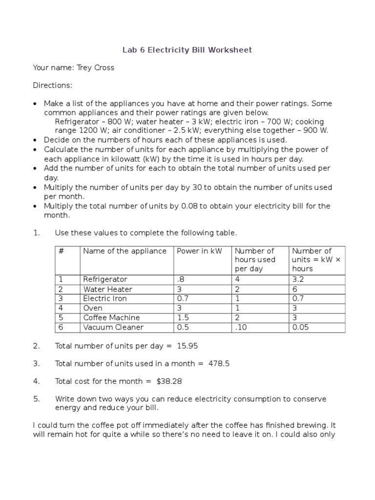 Lab 6 Electricity Bill Worksheet | PDF | Technology & Engineering