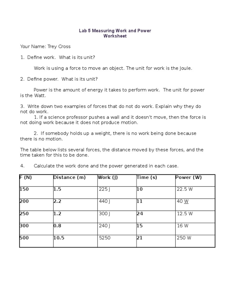 Lab 5 Measuring Work and Power Worksheet | PDF | Teaching Methods ...