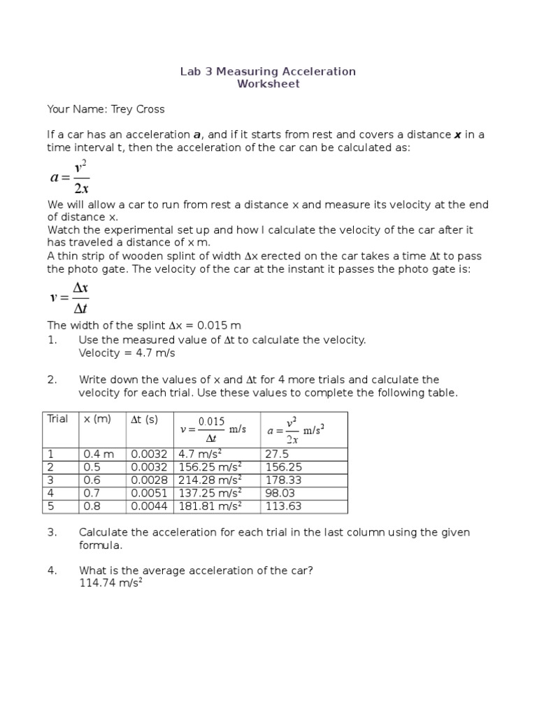 Lab 3 Measuring Acceleration Worksheet: V T V A X | PDF | Teaching ...