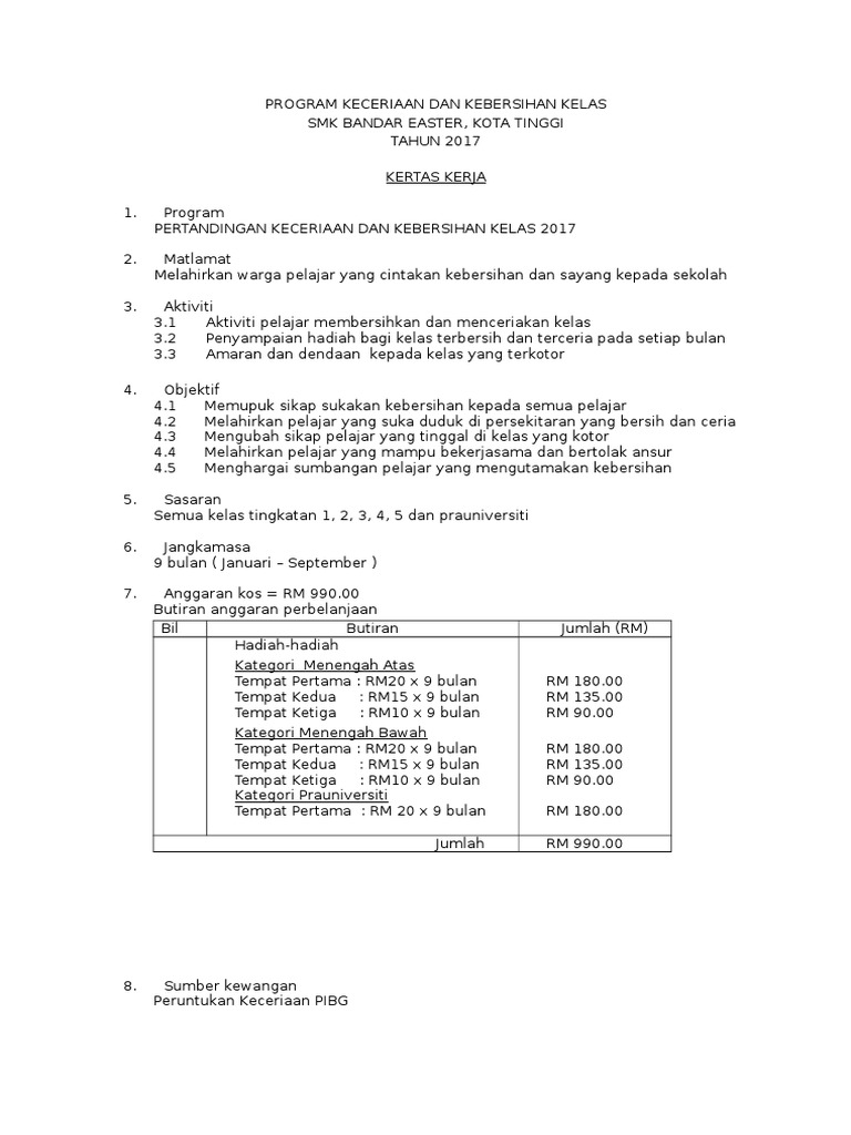 Kertas Kerja Program Keceriaan Kelas | PDF