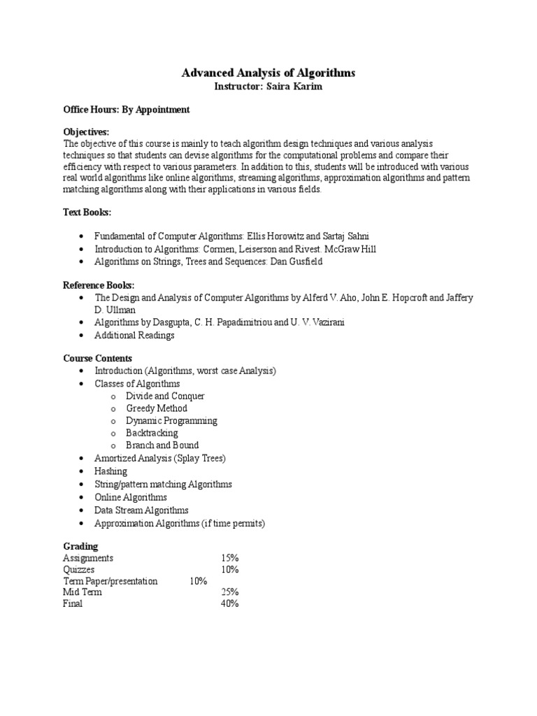 Advanced Analysis of Algorithms - Outline | PDF