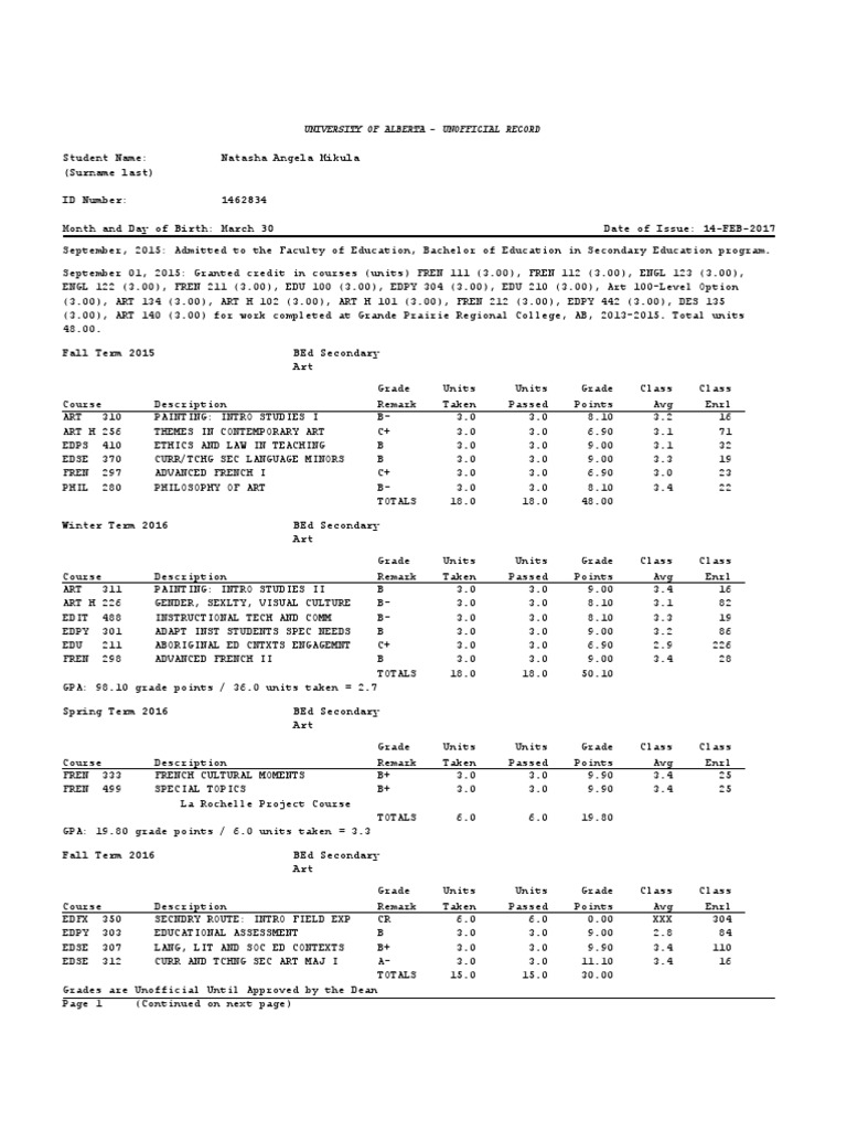University of Alberta Unofficial Transcript | PDF | Change ...