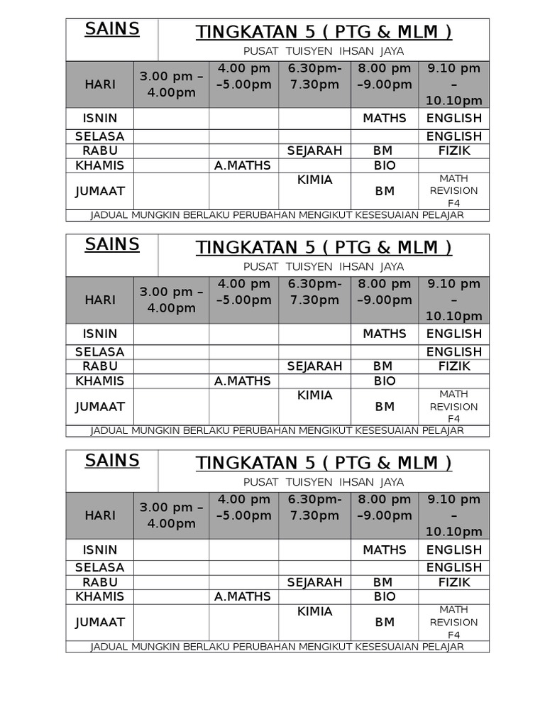 Sains Tingkatan 5 (PTG & MLM) : Math Revision F4 Jadual Mungkin Berlaku Perubahan Mengikut ...