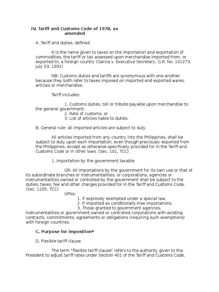 Tariff and Customs Code - Outline | PDF | Tariff | Customs