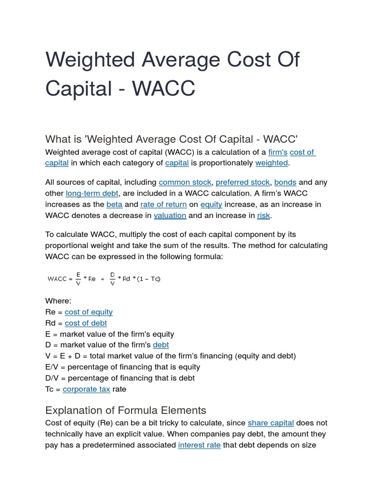 Weighted Average Cost Of Capital Wacc Formula Calculator Cost Of