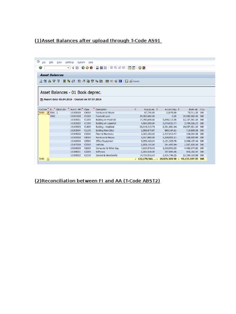 Asset Balances After Upload Through T-Code AS91 | PDF