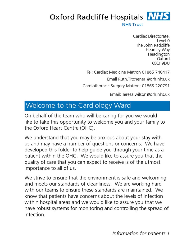 Welcome To The Cardiology Ward: Information For Patients 1 | PDF ...