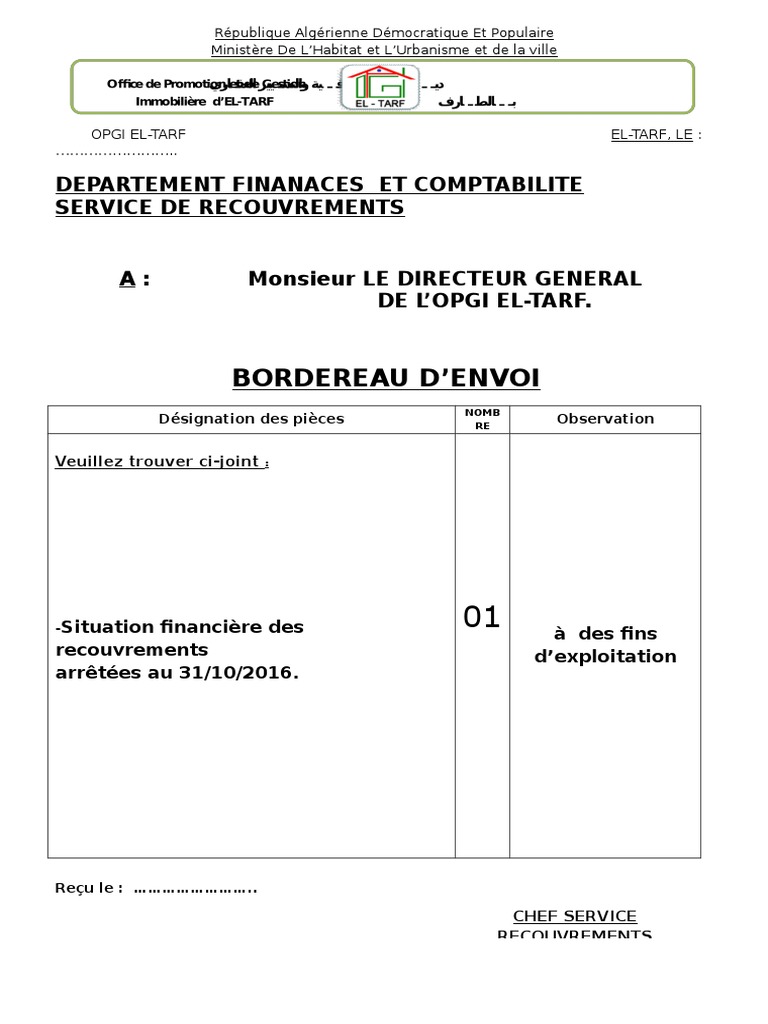 Bordereau d’Envoi Bordereau d’Envoi