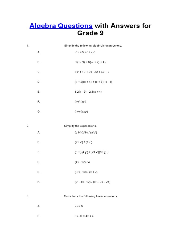 Algebra Questions with Answers for Grade 9: Simplifying Expressions ...