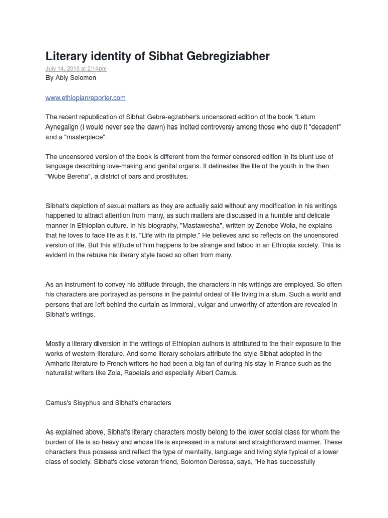 Literary Identity of Sibhat Gebregiziabher | PDF | Albert Camus | Émile Zola