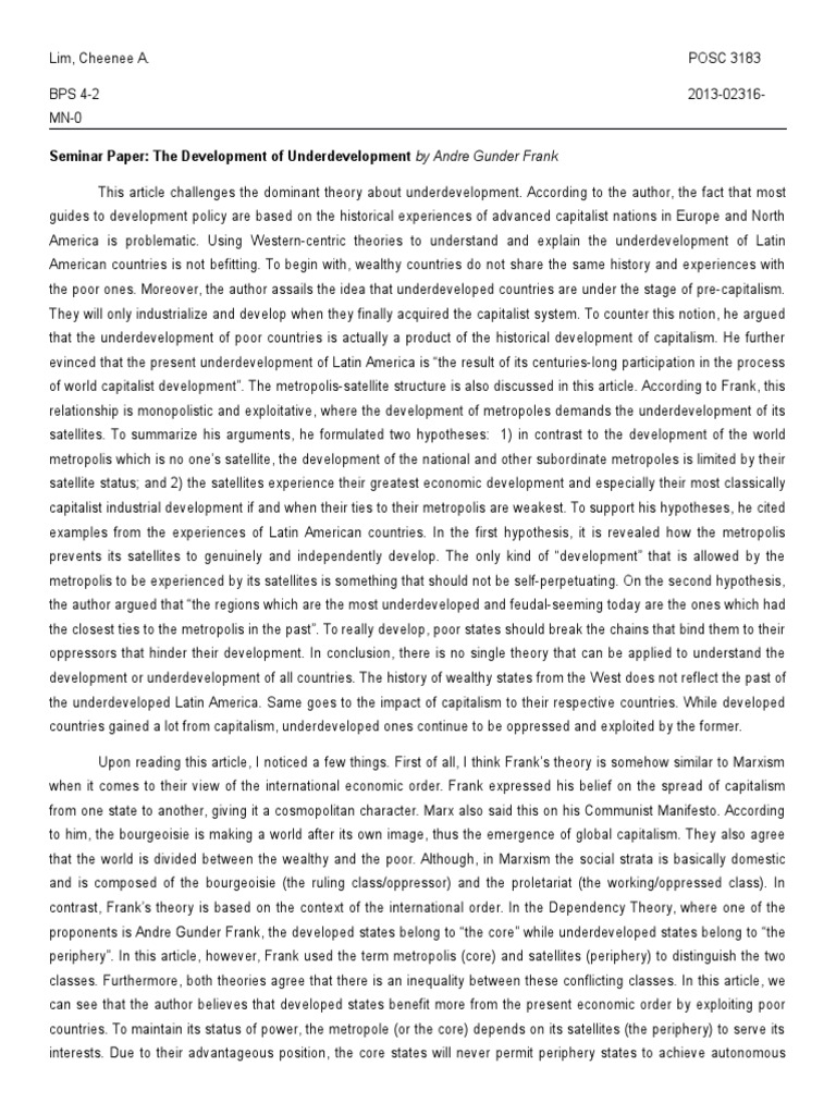 Seminar Paper: The Development of Underdevelopment by Andre Gunder ...